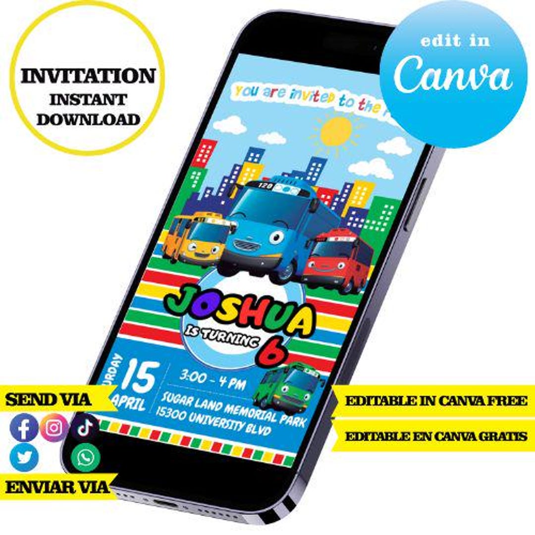 Tayo the Little Bus, Editable Invitation Template in Canva Free Digital ...