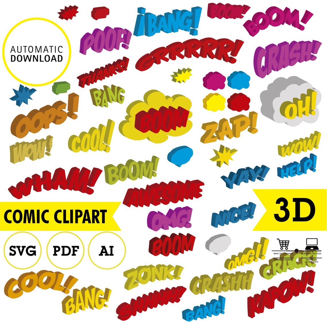 Superhero Comic Onomatopeya Pop Art Clipart 3D PDF AI - Etsy