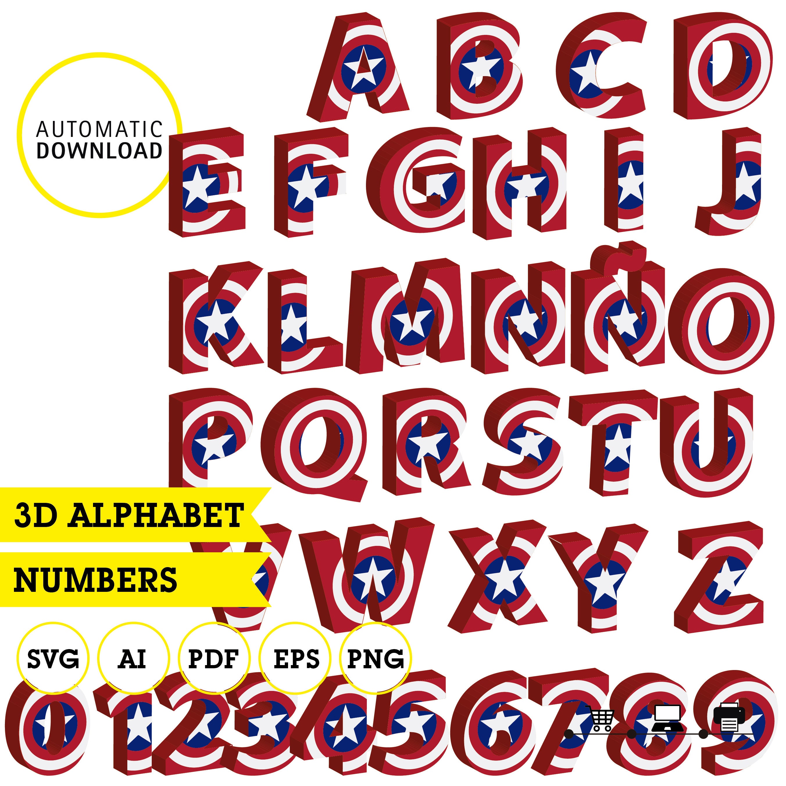 Capitan América alfabeto letras y números clipart 3d png | Etsy