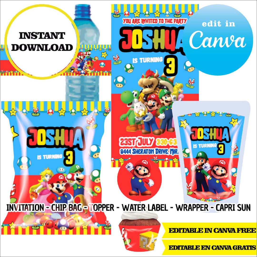 Super Mario, Canva Templates, Invitation, Chip Bags, Labels, Capri Sun ...