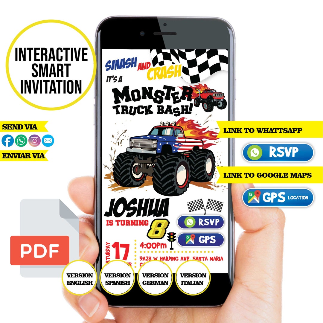 Monster Truck, Smart Invitation, Interactive Invitation, Printable ...
