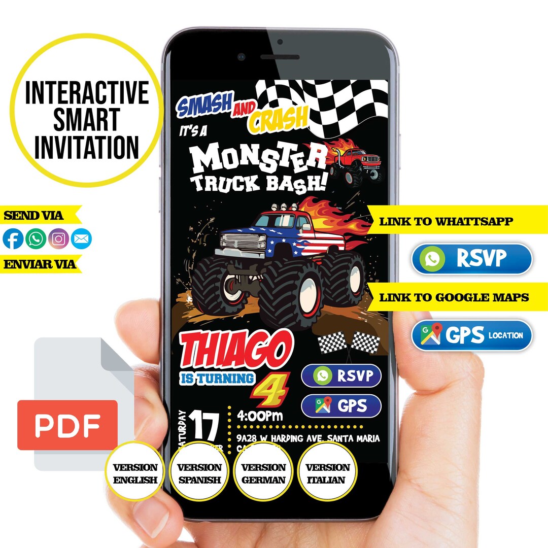 Monster Truck, Smart Invitation, Interactive Invitation, Printable ...