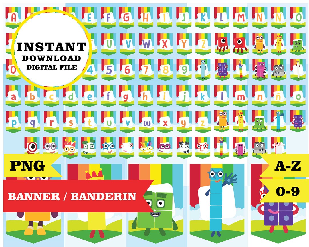 Numberblocks, banderin con letras A-Z,a-z, números 0-9 formato PNG ...
