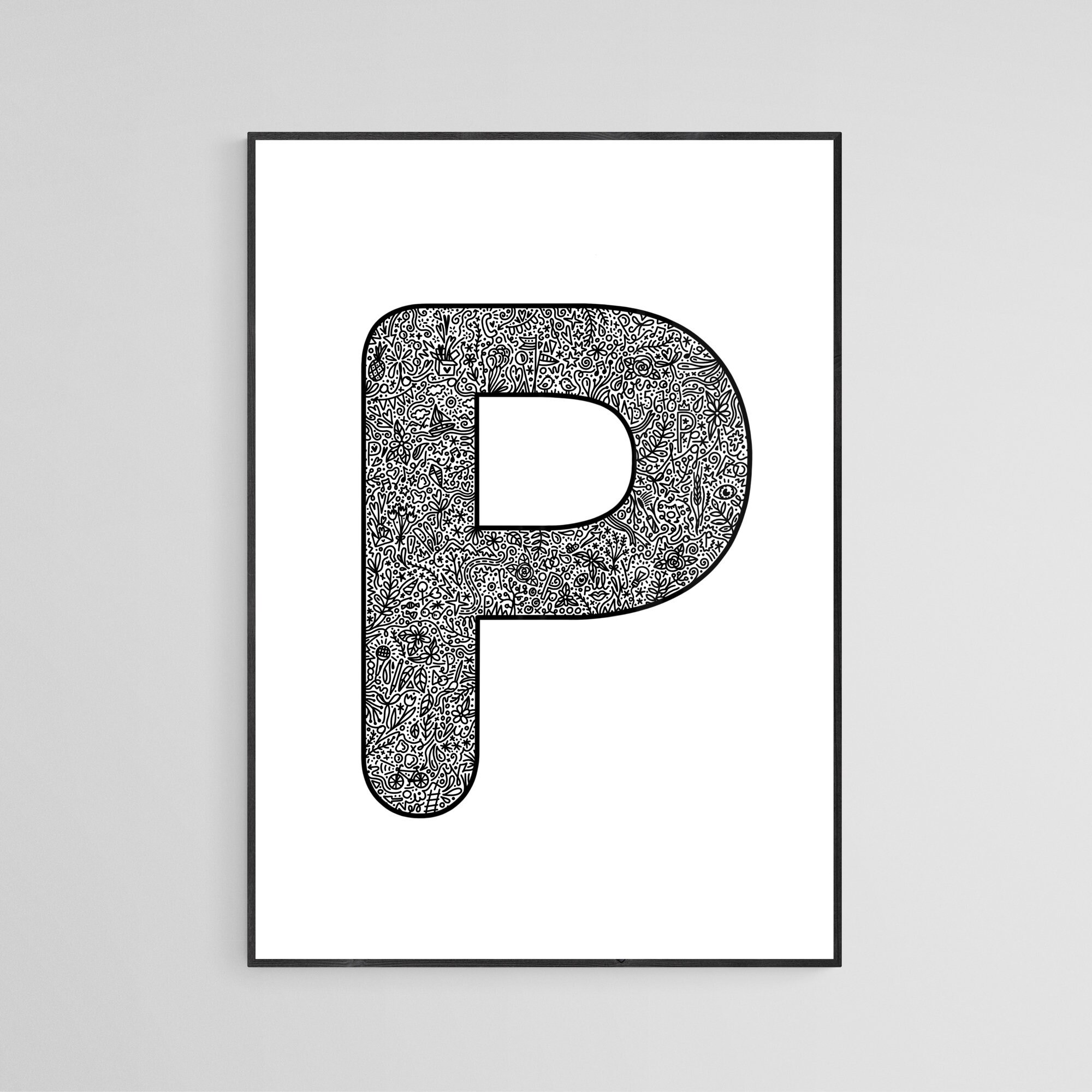 Letter P Poster PRINTABLE Alphabet Doodle Art Black And White | Etsy