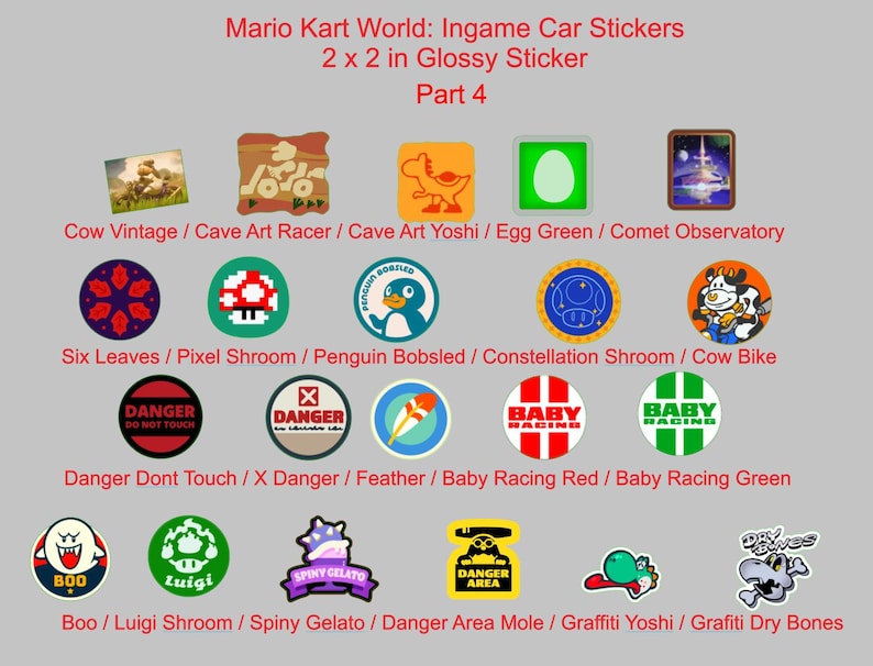 21 New Designs!! Mario Kart World Ingame Stickers Glossy Vinyl Sticker ...