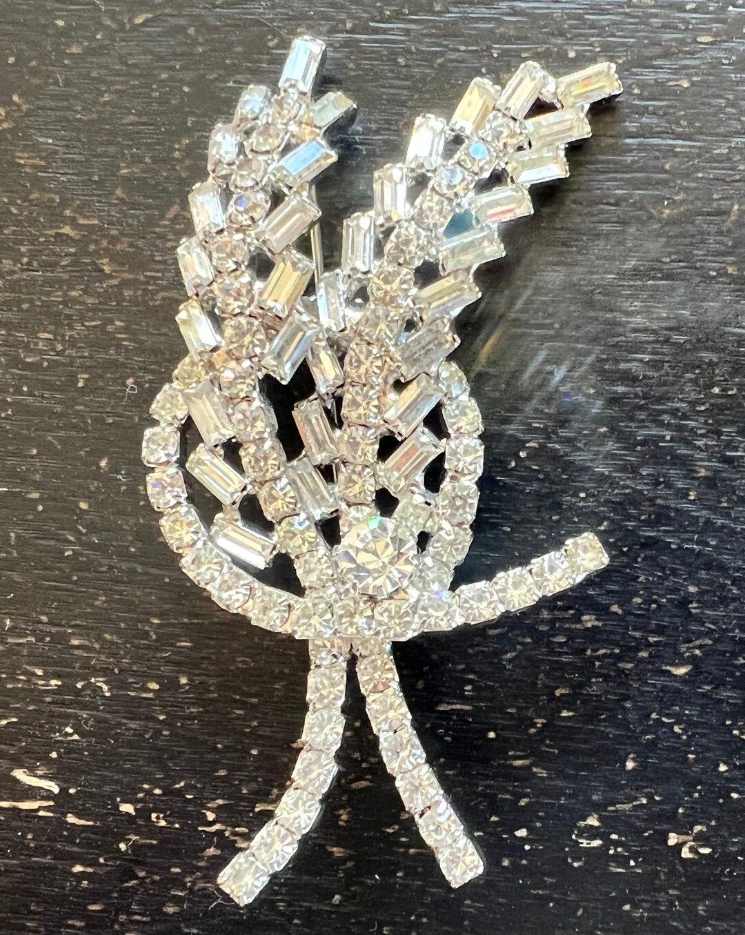 Vintage 3” Rhinestone Brooch — Figural Sheaf of Wheat Pin — Clear Round ...