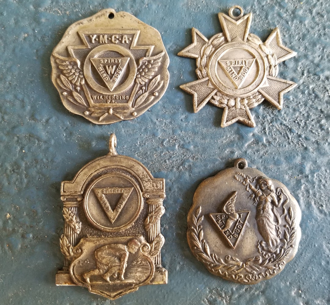 YMCA 4 1910s MEDALS YMCA Award Medallion Trophy Silver Metal Pewter Christian Ministry Military ...