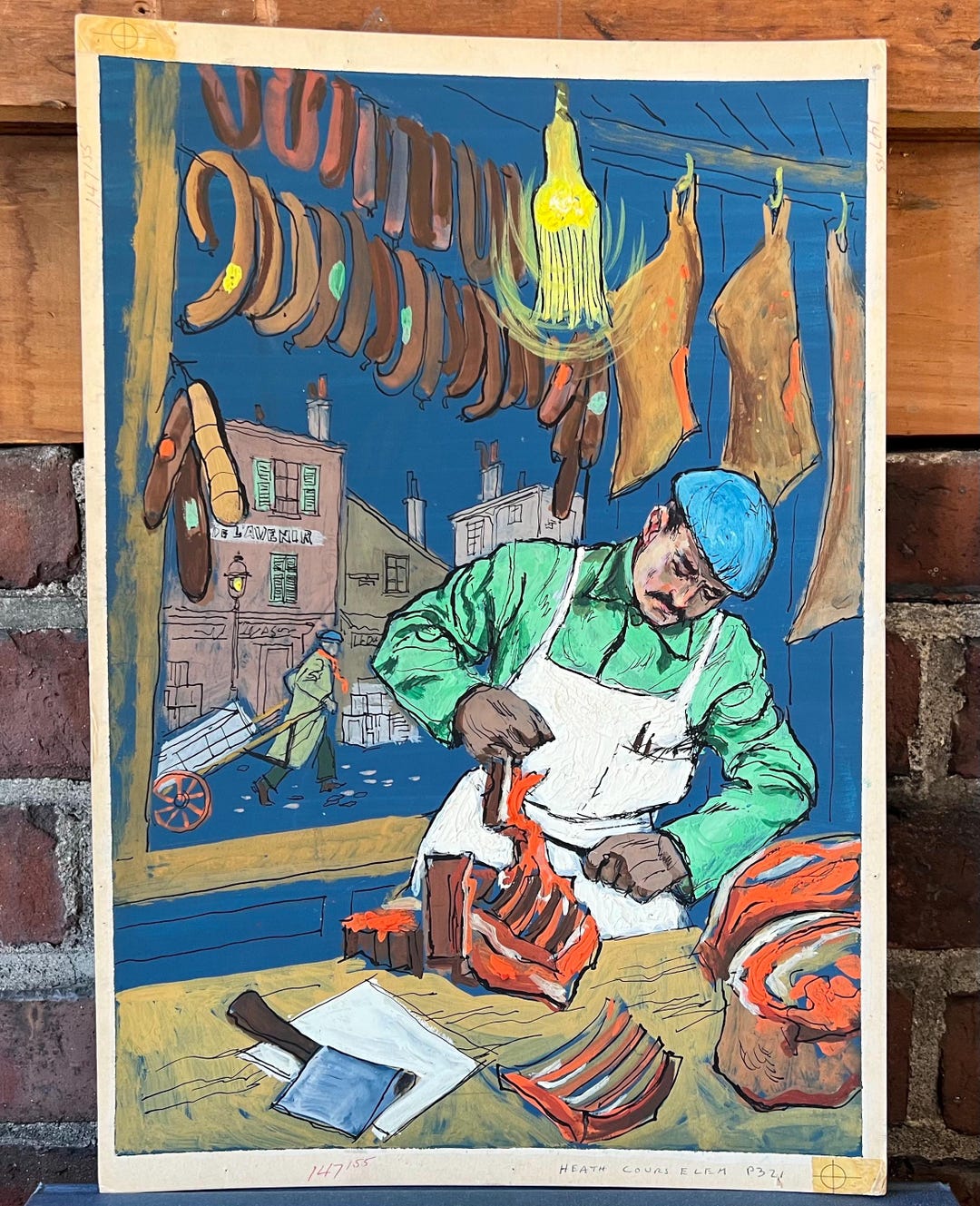 Midcentury French Butcher Shop Gouache Illustration, European ...