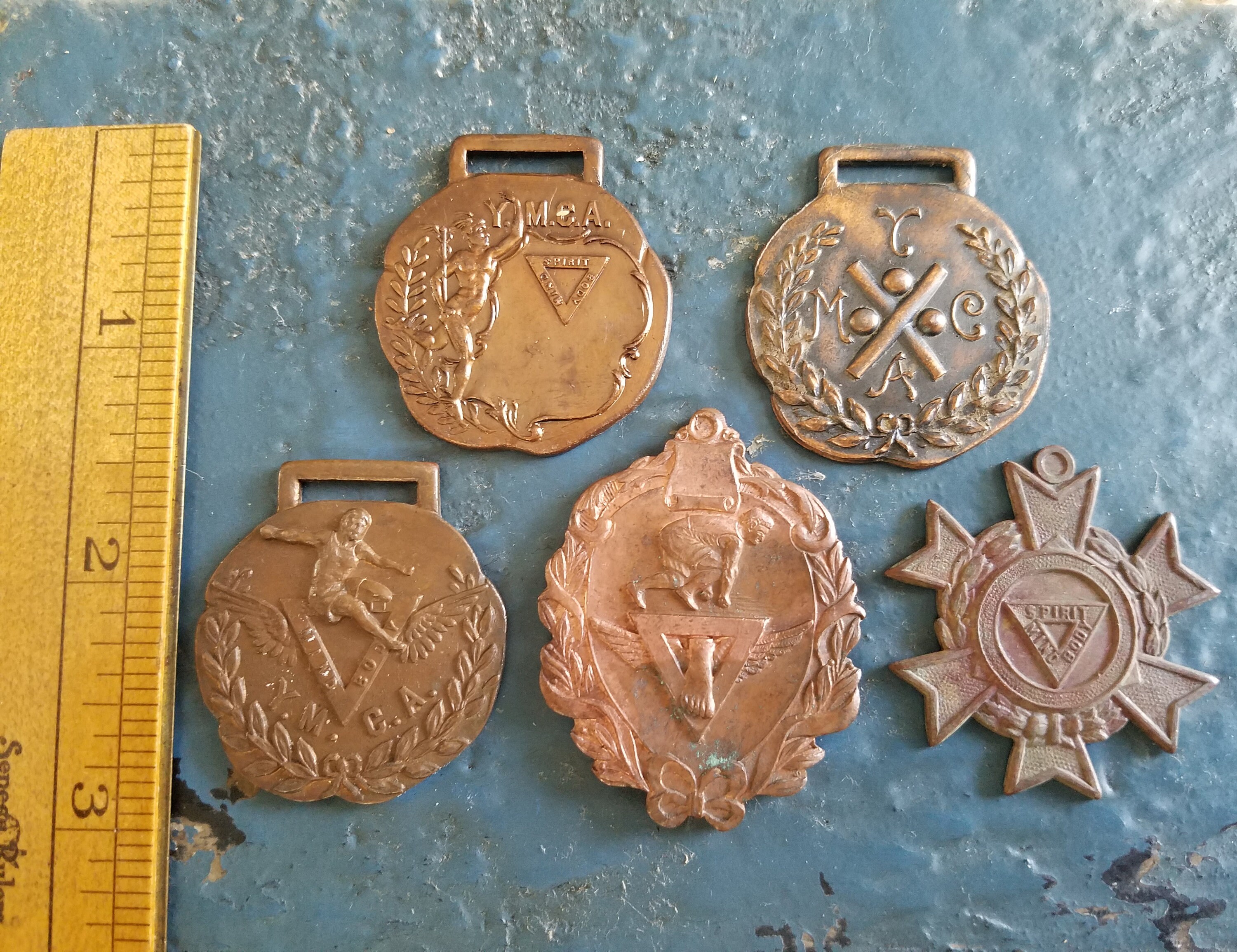 YMCA 5 1910s YMCA MEDALS Award Medallion Bronze Copper Trophy Ministry ...