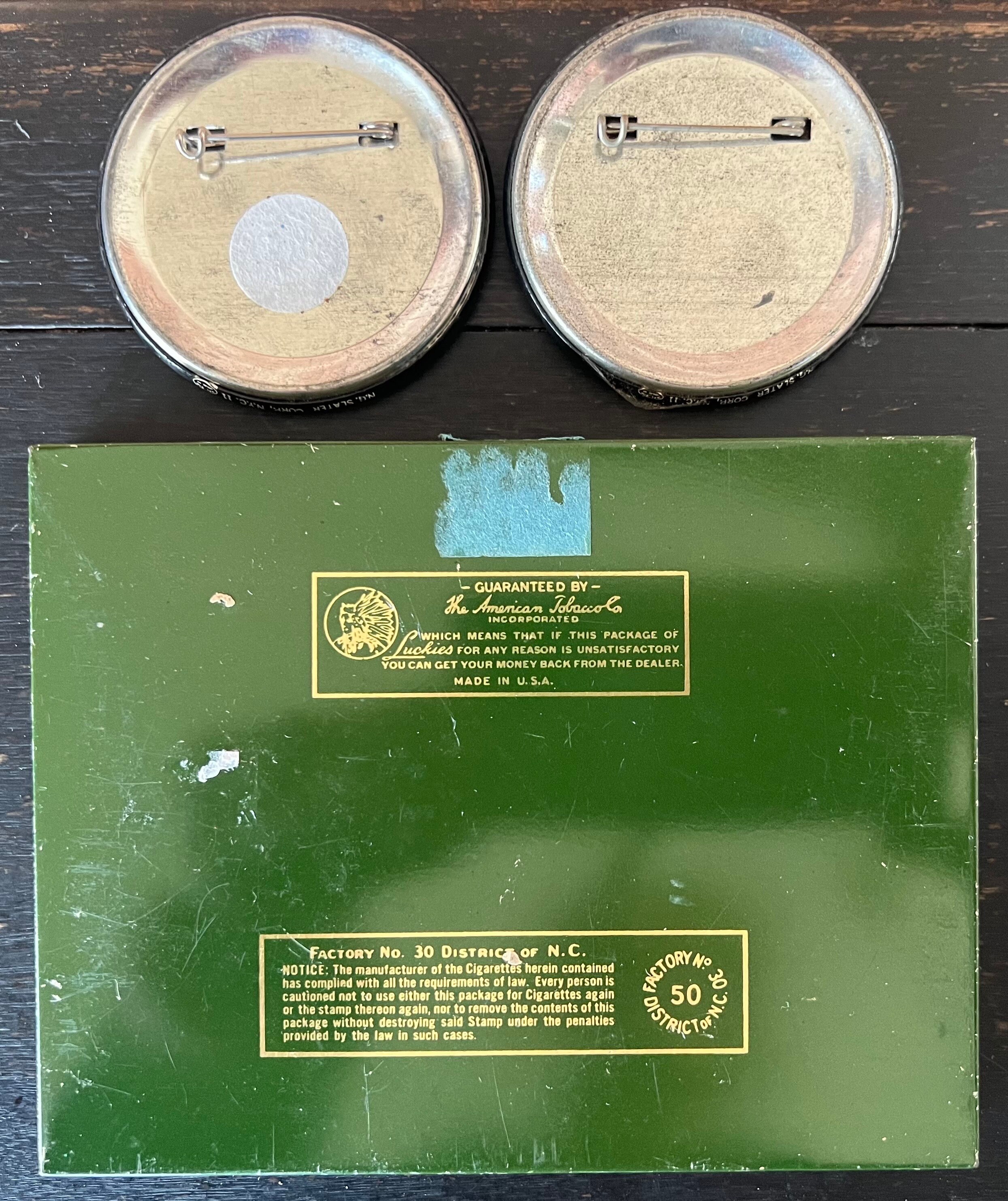 TOBACCIANA Vintage Lucky Strike Tin & 2 Button Pins Flat Cigarette its ...