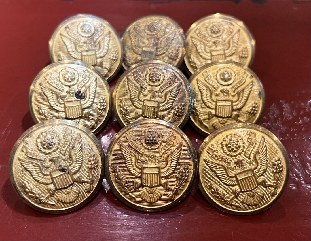 MILITARY BUTTONS 9 WW2 Great Seal Buttons 1-1/8” Rex Products New Rochelle New York NY Army ...