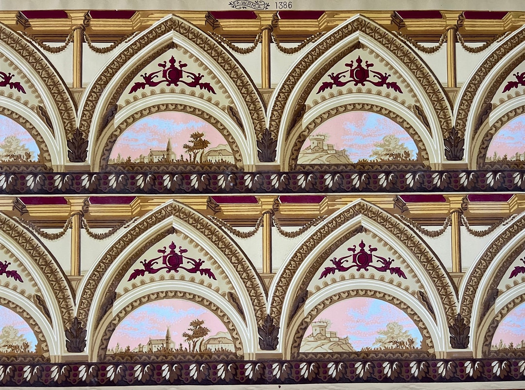 1880s Antique Wallpaper AWPMA Architectural Arches Castle Cathedral ...