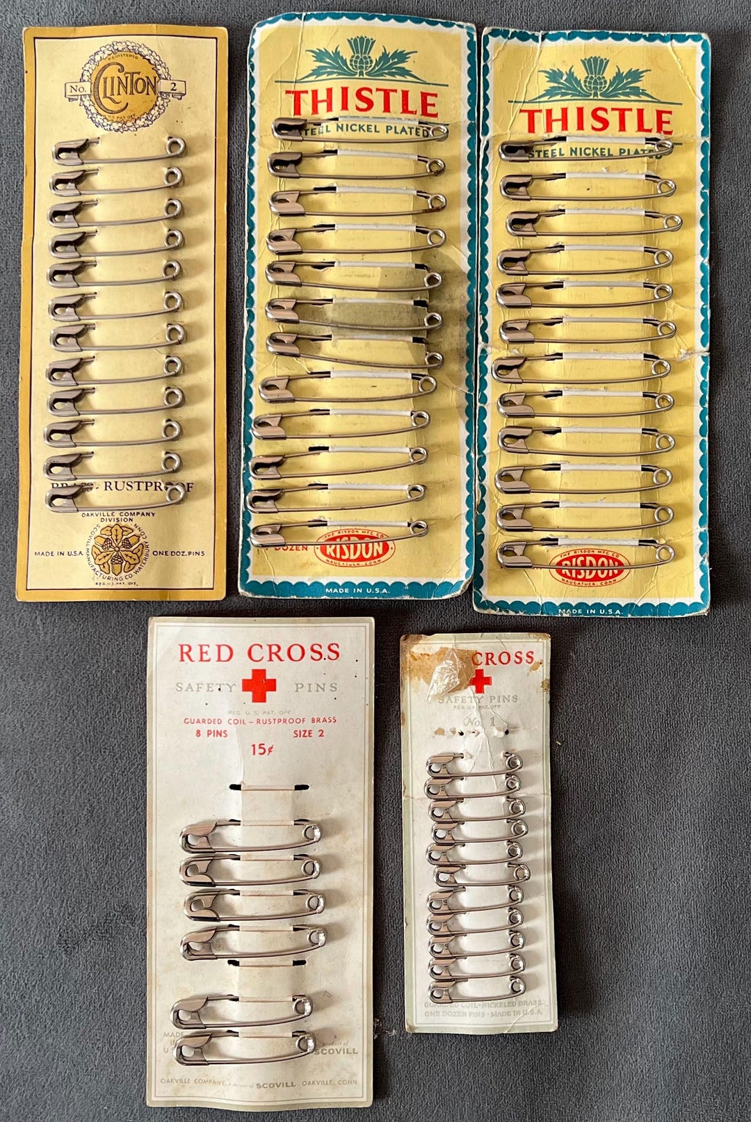 5 Antique Safety Pins on Cards: Red Cross, Thistle, Clinton - Etsy