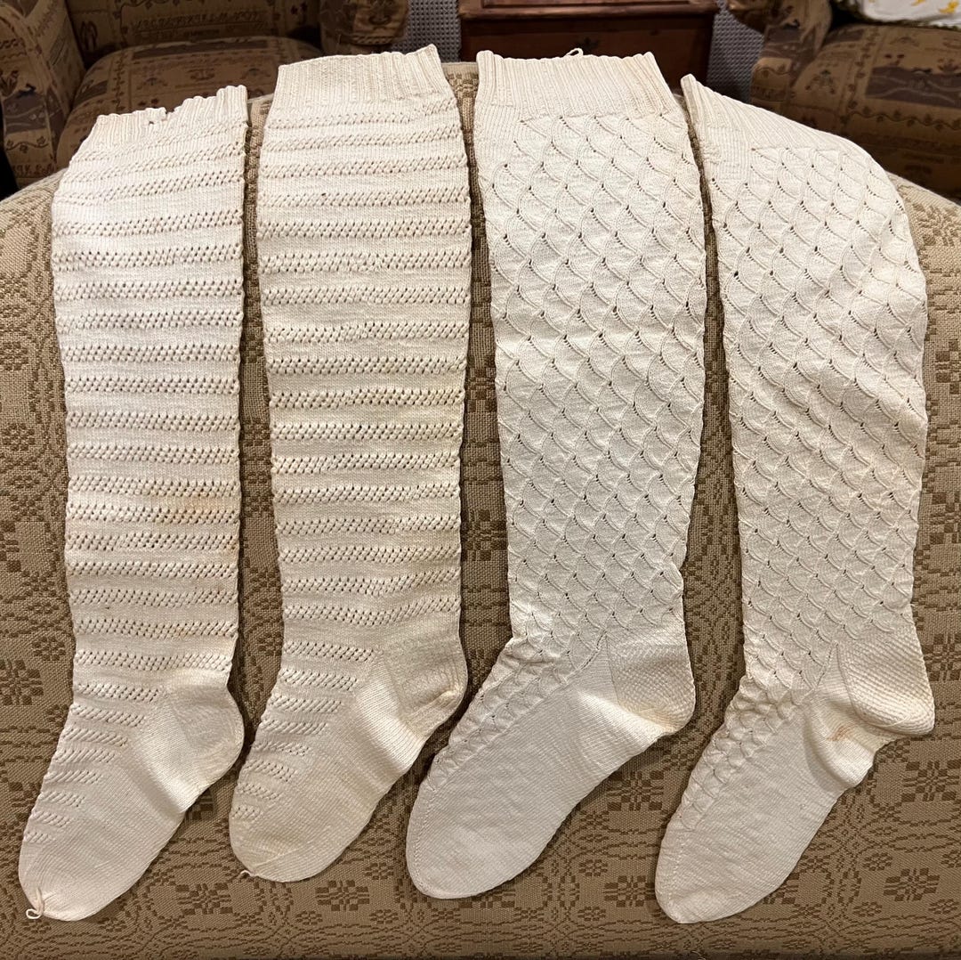 2 Pairs Antique Socks 1930s Hand Knit Crocheted 16” Thick Cotton Never ...