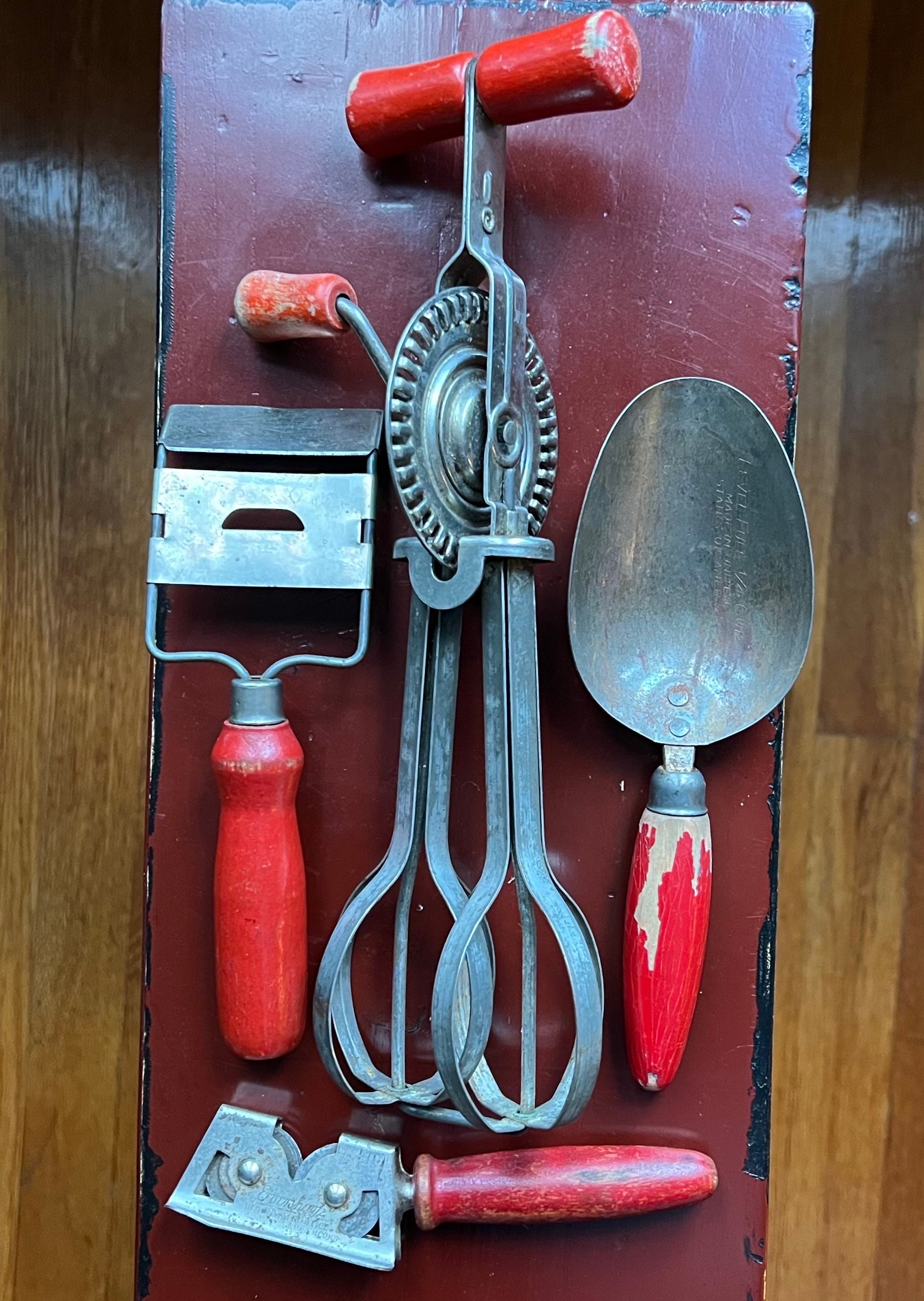 4 Vintage Red Kitchen Utensils Mixer Beater Scoop Eversharp Knife ...