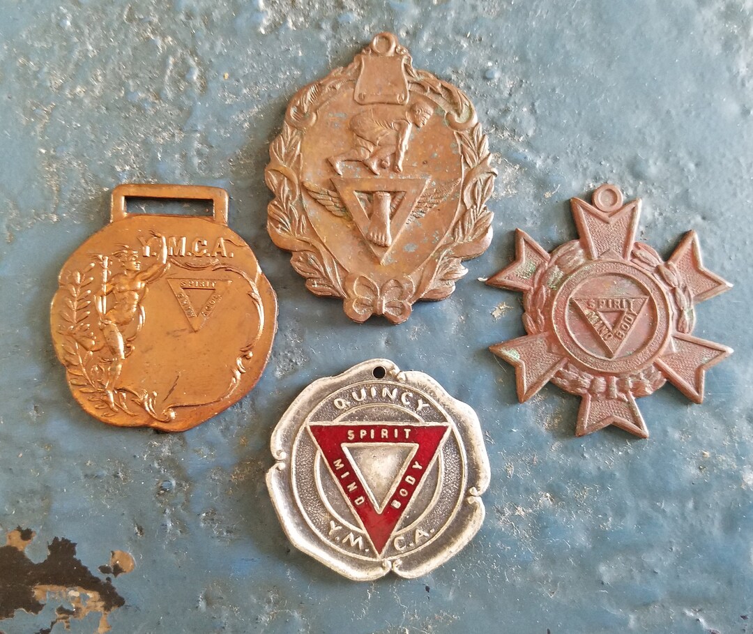 YMCA 4 1910s YMCA MEDALS Award Medallion Bronze Metal Christian Ministry Military Club Mind ...