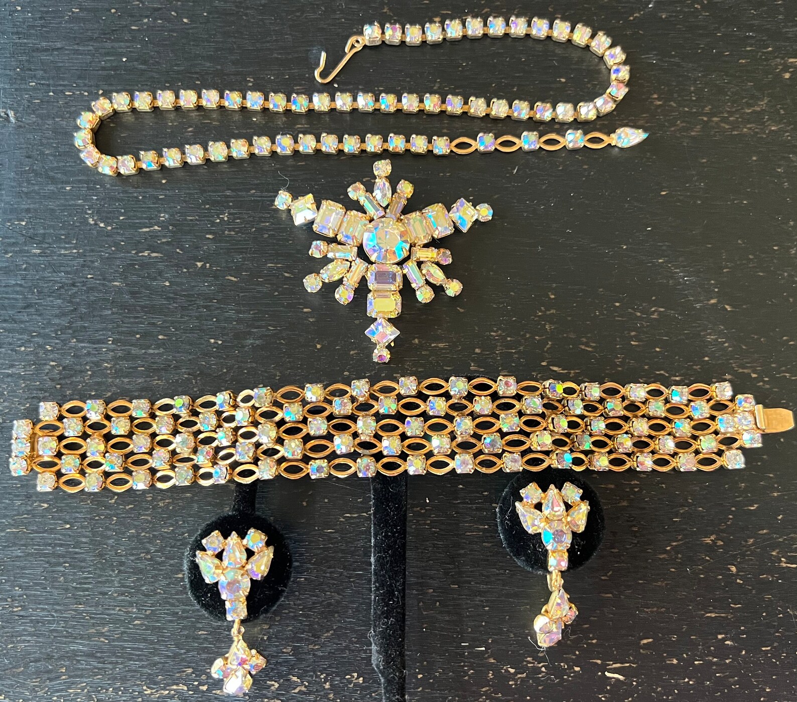 SET WEISS SIGNED Full Parure Necklace Choker Brooch Bracelet Dangle ...