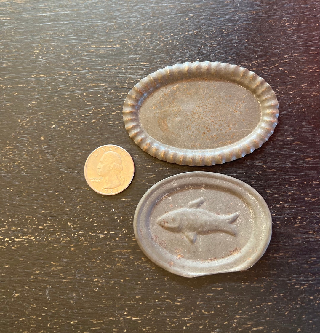 PLATTERS 2 Antique German Dollhouse Miniature Metal Fish & Oval 19th ...