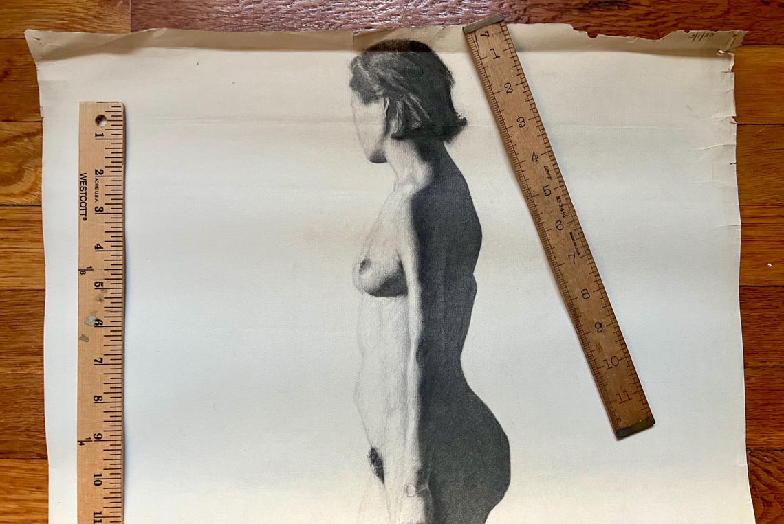 1930 Charcoal Figure Study Life Drawing – Nude Female Standing Profile ...