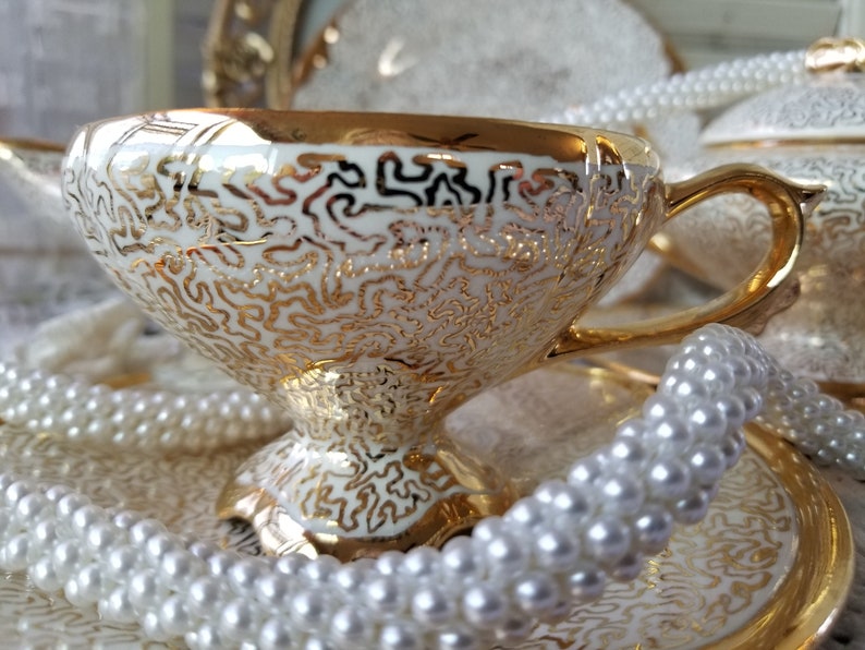 Absolutely Stunning Hand Painted Gold Teacup, 2saucers, 1 Bread Plate ...