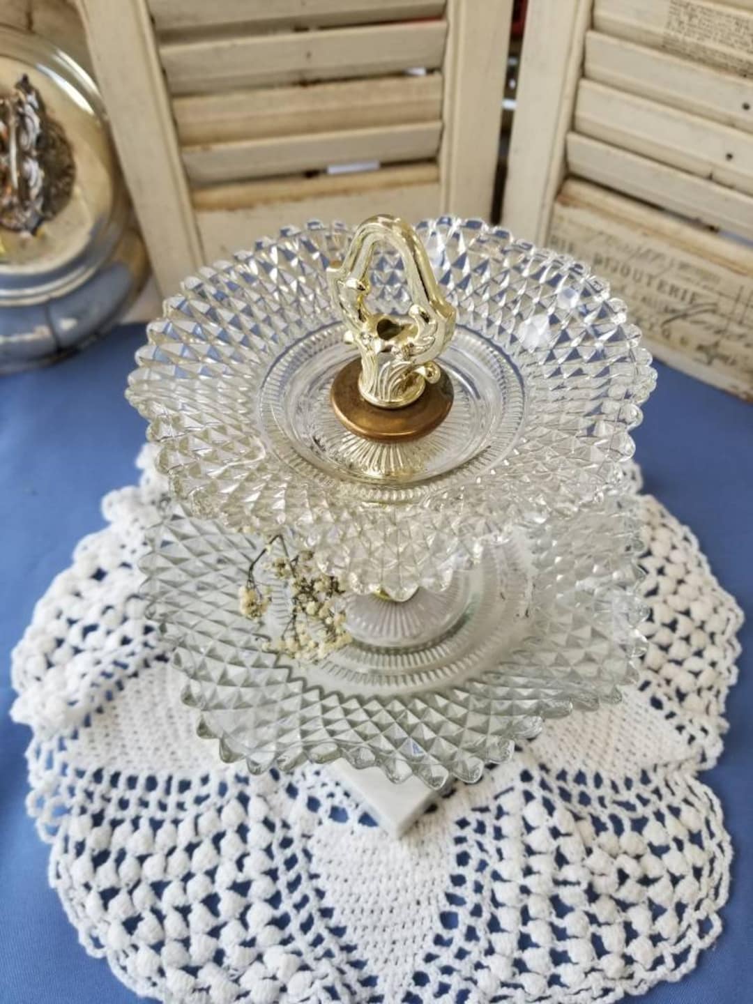 Spectacular Two-tiered MCM Pressed Glass Serving Tray. This Marble ...