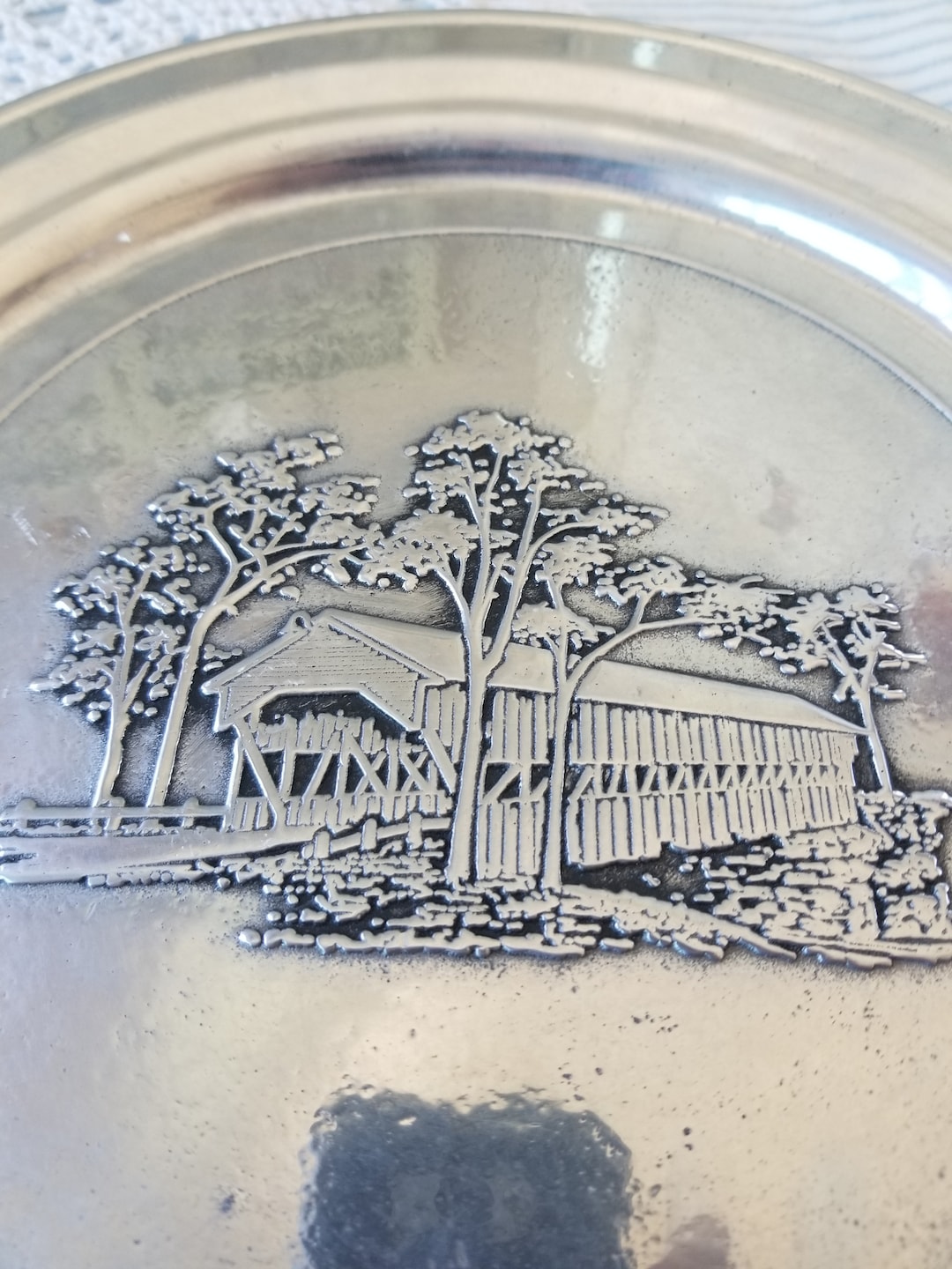 Gorgeous Shimmering Pewter Plate With a Covered Bridge Surrounded by ...