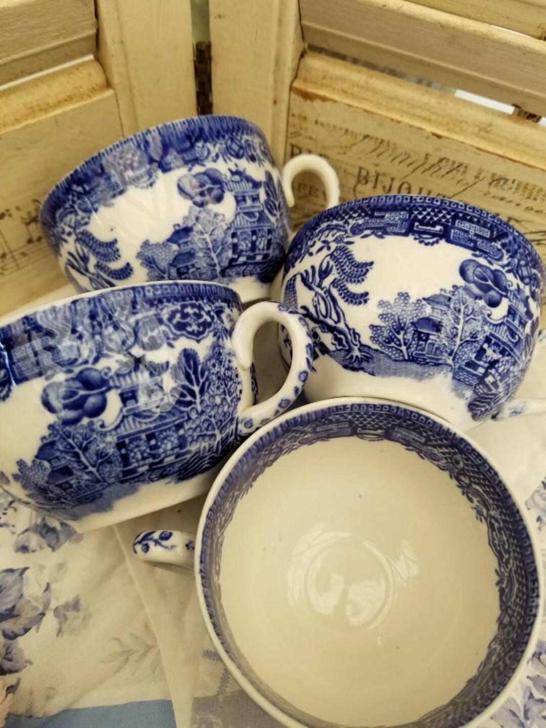 Four Beautiful Antique Blue Willow Tea Cups. This Set of 4 Transferware ...