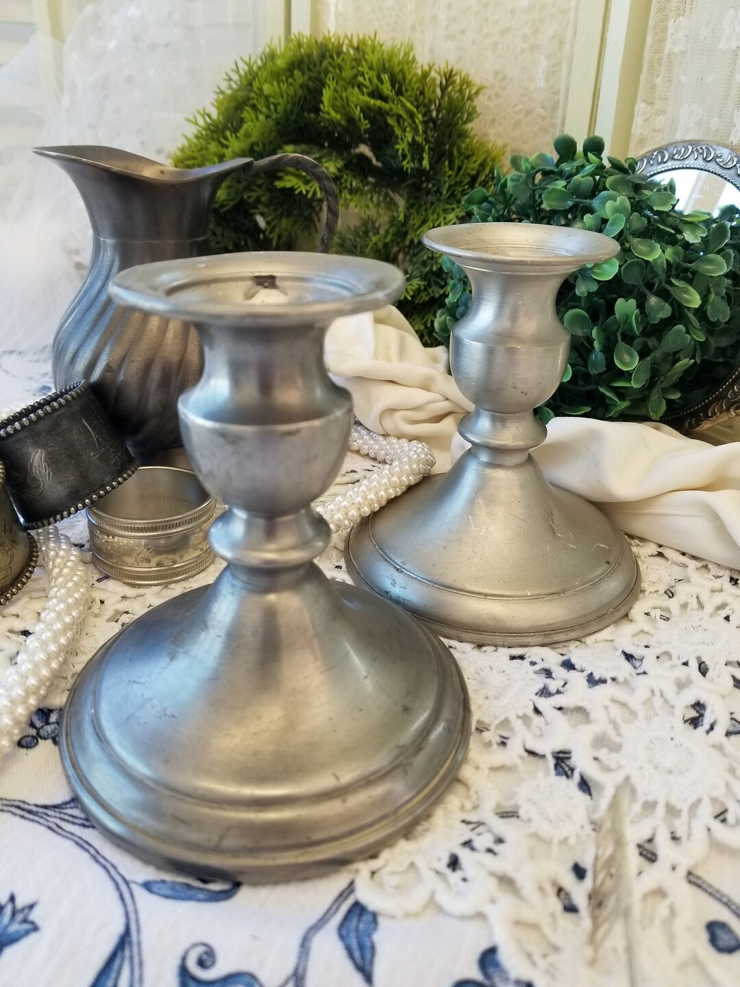 Pair of Rustic Weighted Pewter Candlesticks. These 2 Vintage Web and ...
