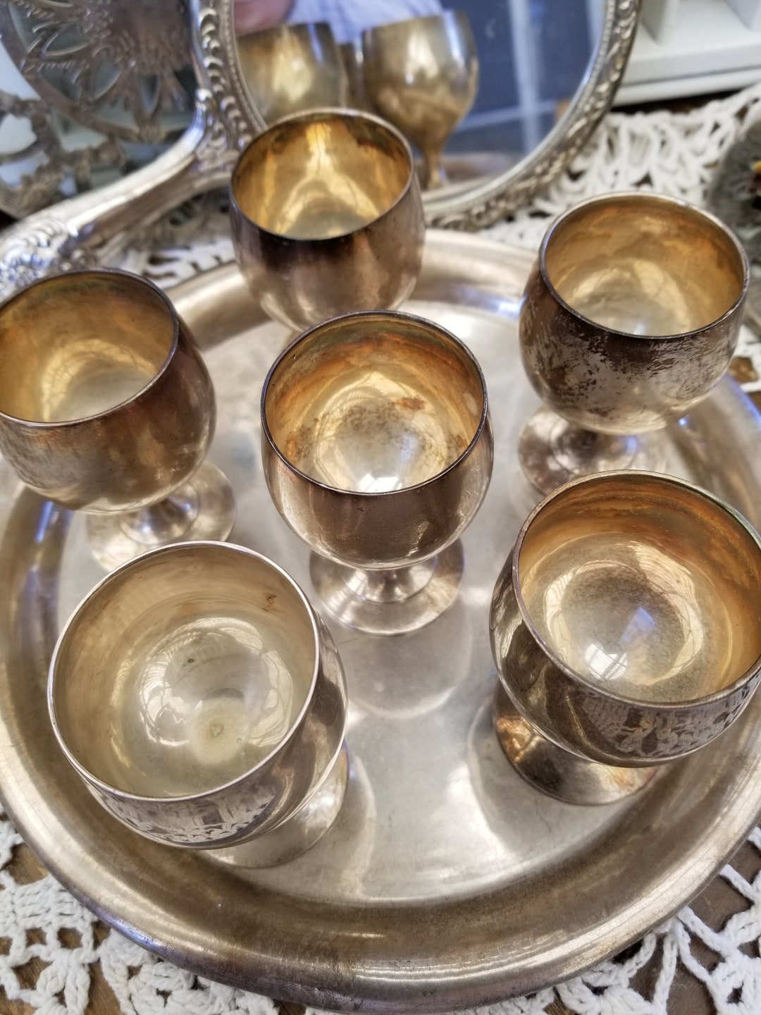 Set of 6 Small Silver Cordial Cups and Tray. These 6 Quaint Stylish ...