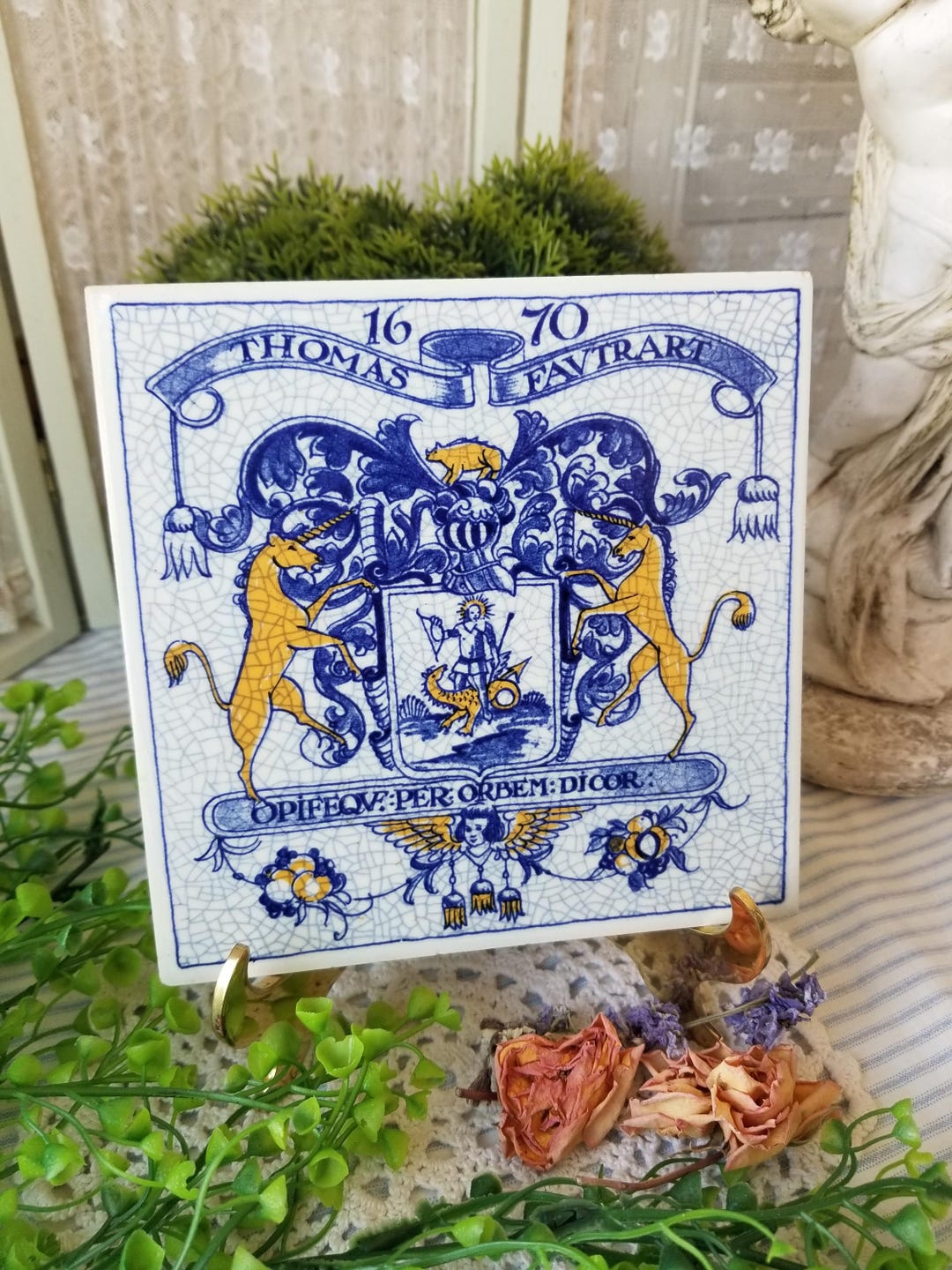 This Vintage Blue and Yellow Ceramic Delft Tile is a Reproduction 17th ...