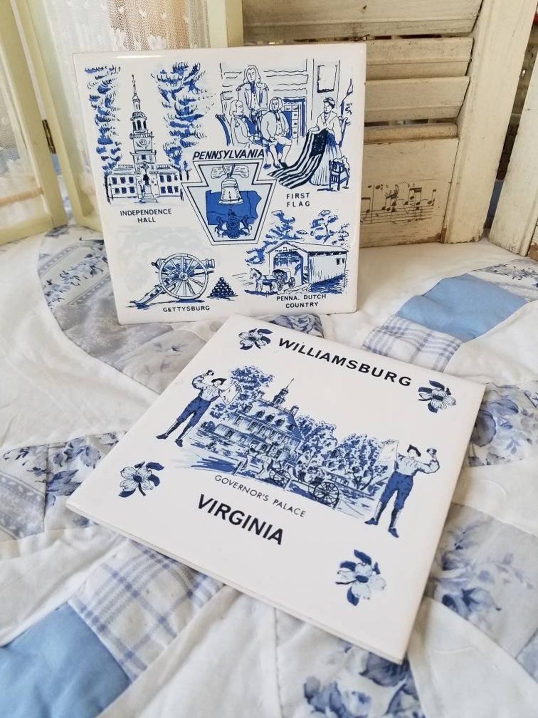 Pair of Charming Blue and White Colonial Themed Tiles. These Vintage ...