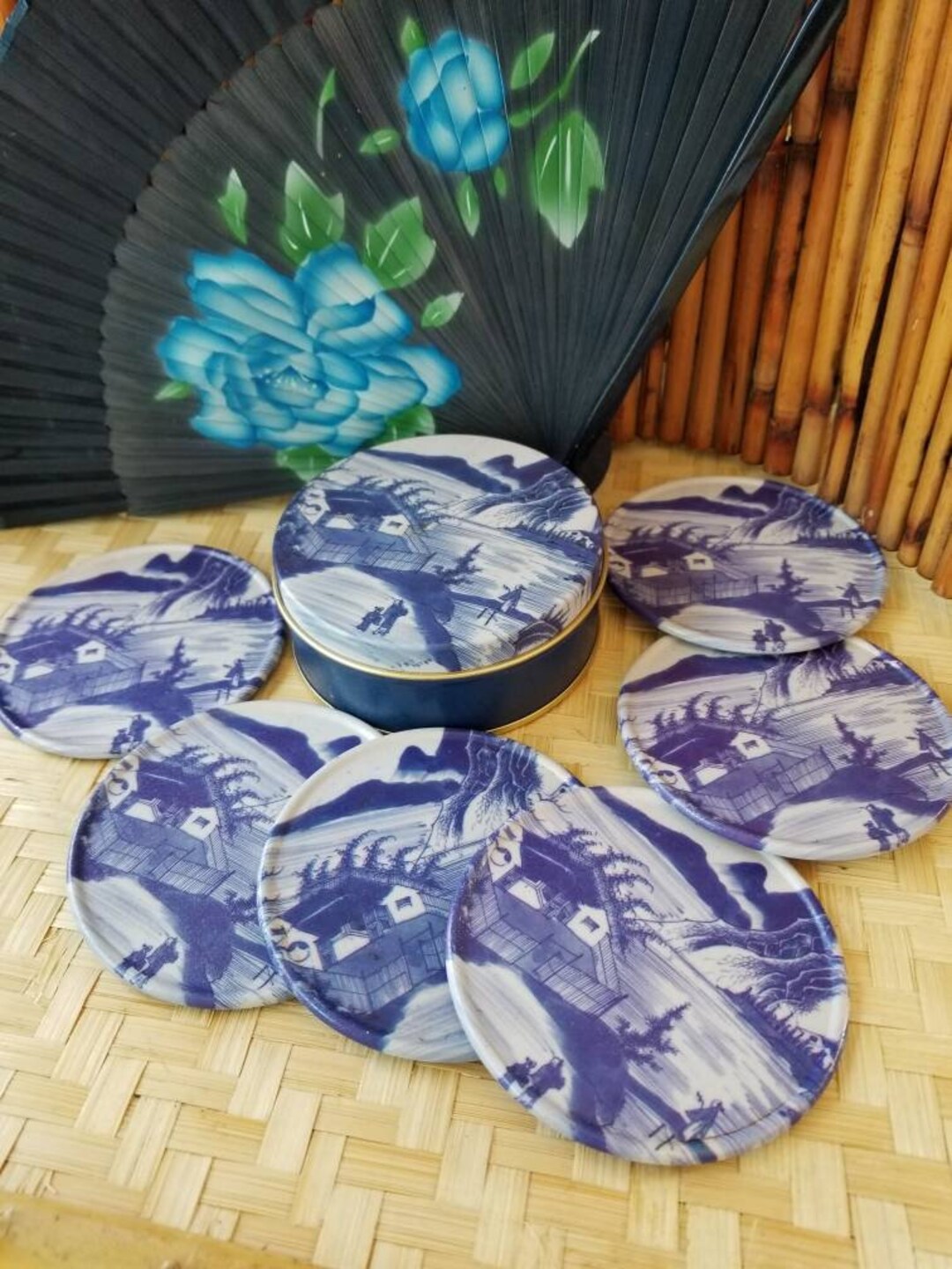 Sweet Set of Six Oriental Themed Blue and White Coasters With Matching ...
