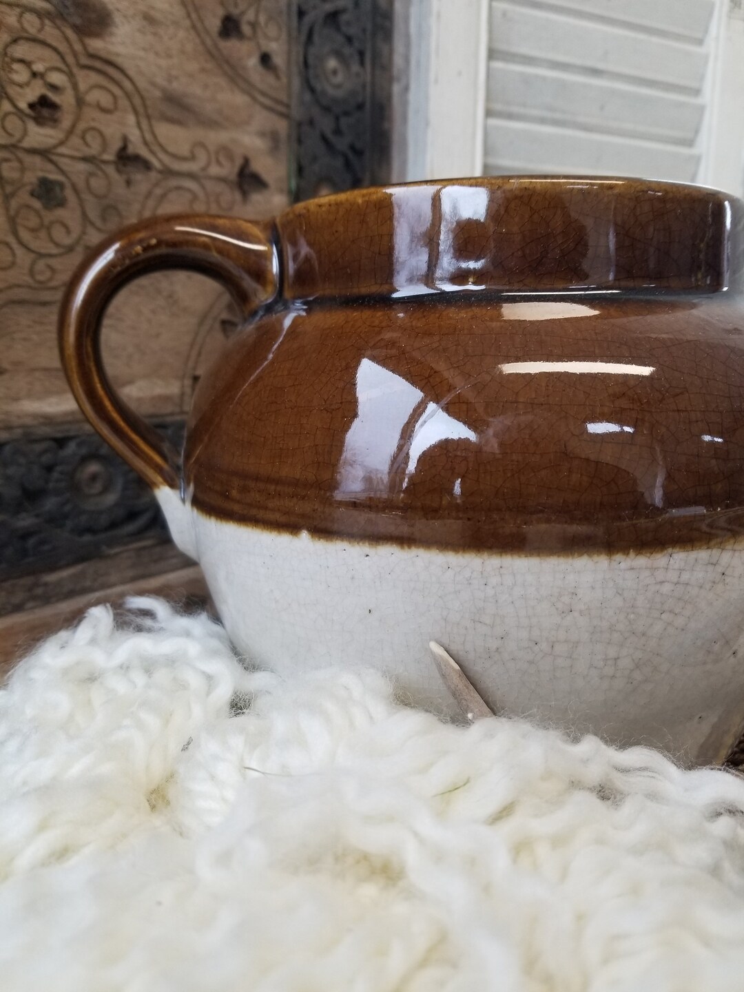 Rustic Aged Heavy Stoneware Crock. This Primitive Lidded Crock is Full ...