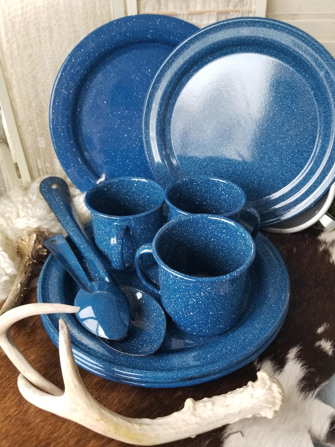 Eclectic Bundle of 13 Speckled Blue Enamelware Dishes. This Rustic ...