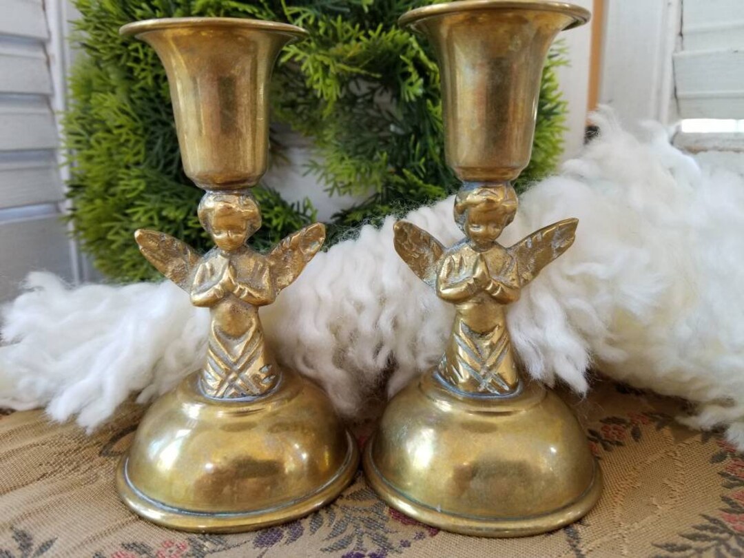 Beautiful Pair of Diminutive Brass Candlesticks Featuring Praying ...