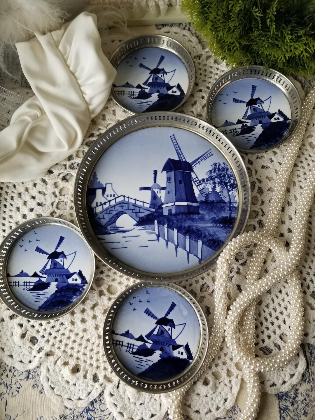 Gorgeous Set a Five Delft Blue Ceramic Coasters and Tray. This Quaint ...