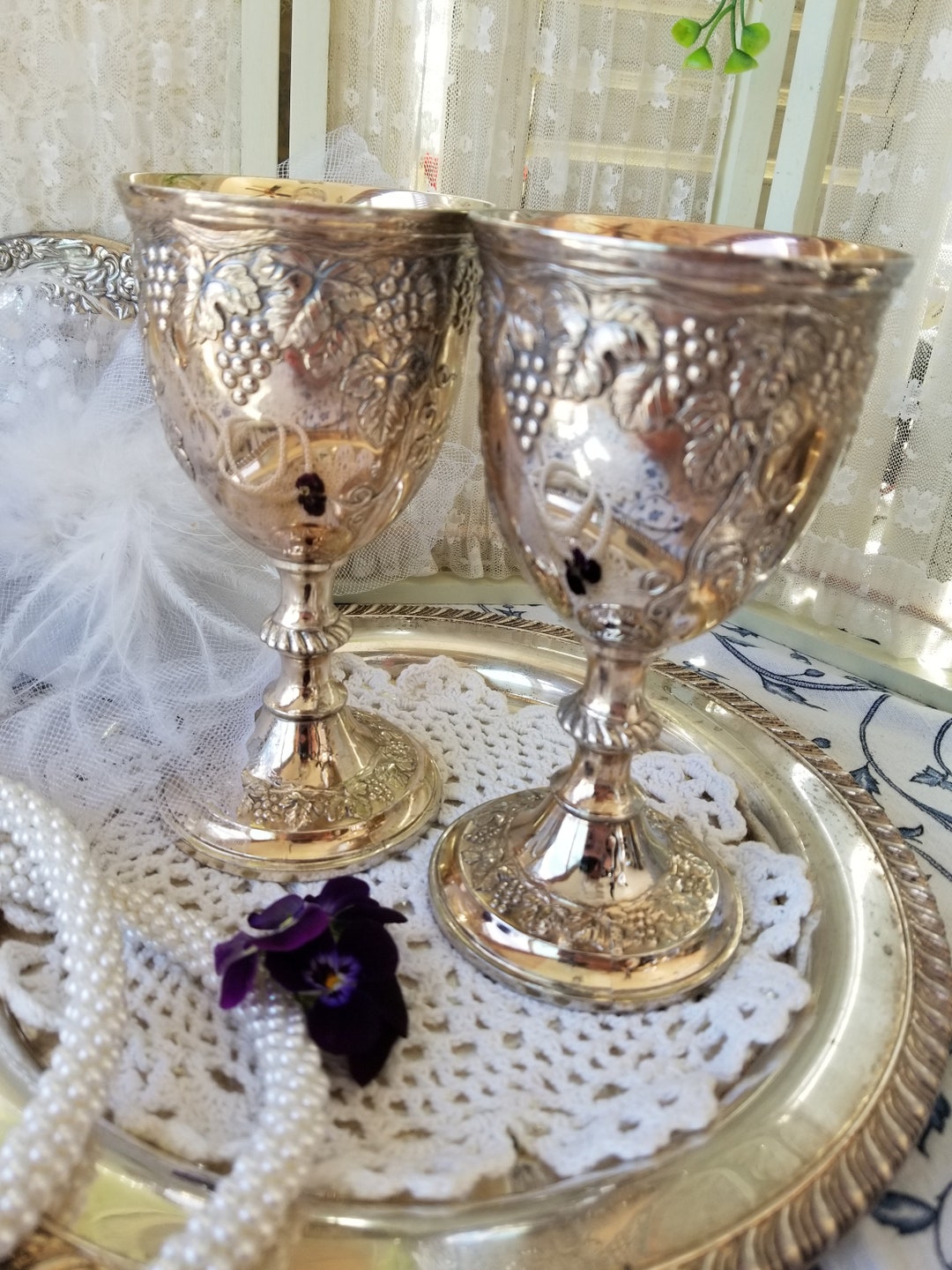 Pair of Enchanting Silverplated Chalices With Grapevines. These Heavy ...