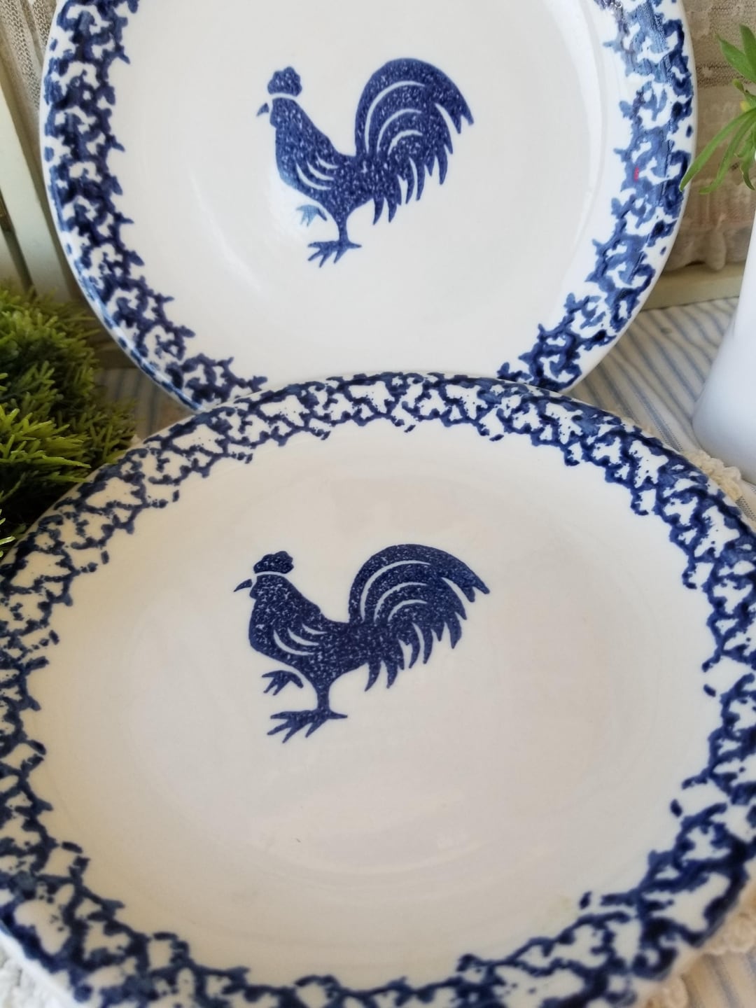 Pair of Farmhouse Blue and White Rooster Dishes. Both of These Two ...