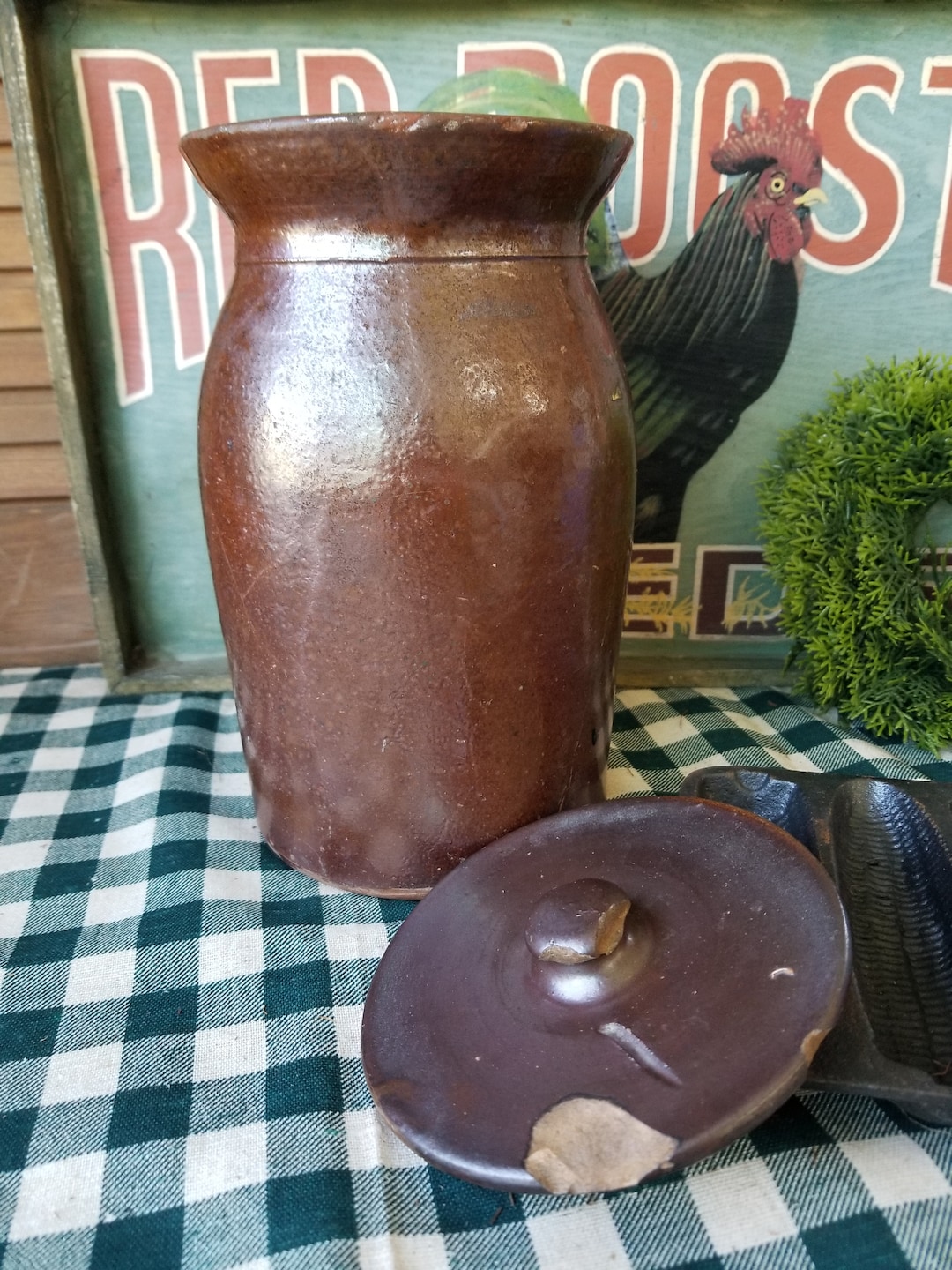 Heavy Primitive Antique Stoneware Crock With Lid. This Fabulous Brown ...