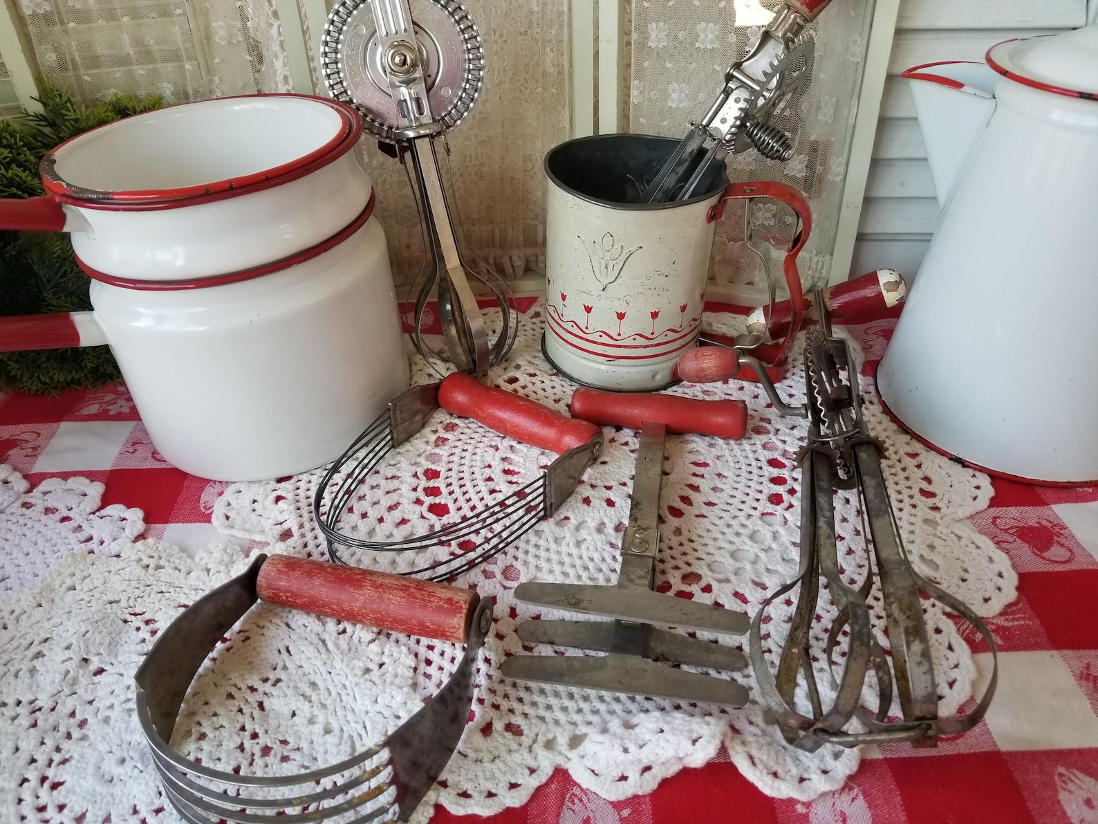 Selection of 7 Gorgeous Farmhouse Chippy Red Kitchen Gadgets. You ...