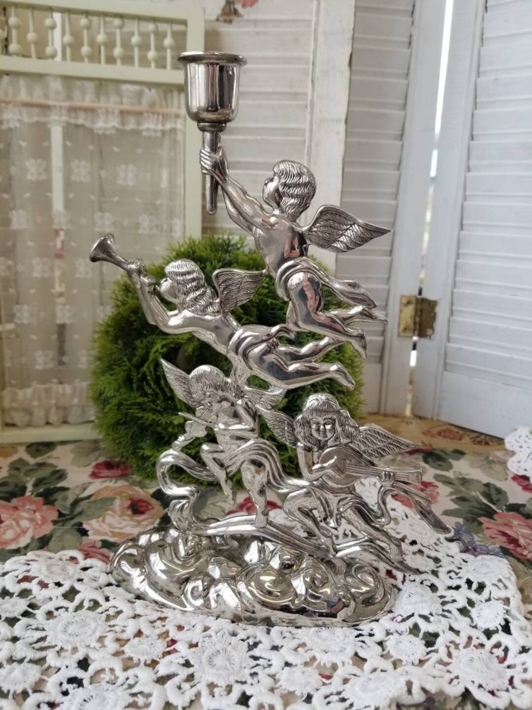Lovely Godinger Silver Plated Angel Candle Holder. This Ornate Angelic ...