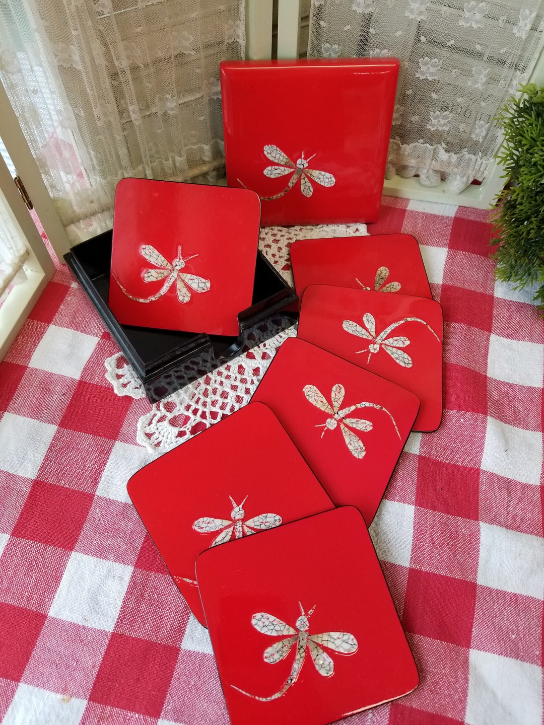 Stylish Set of Six Lacquered Dragonfly Coasters. These Beautiful Red ...