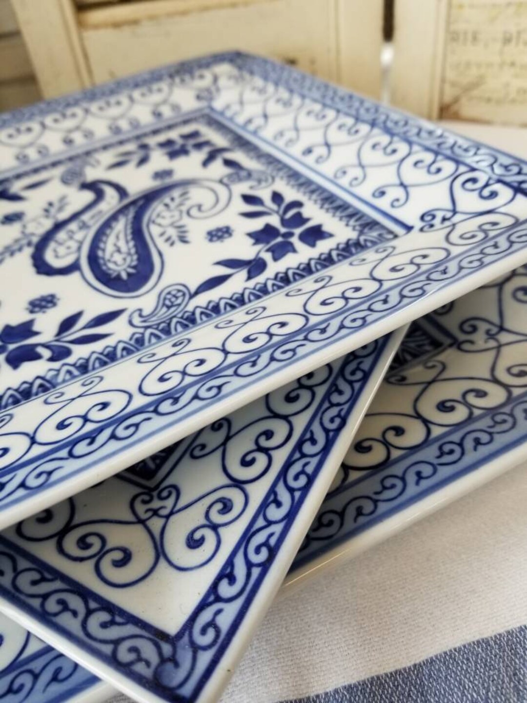 Spectacular Trio of Square Blue and White Paisley Print Plates. This ...