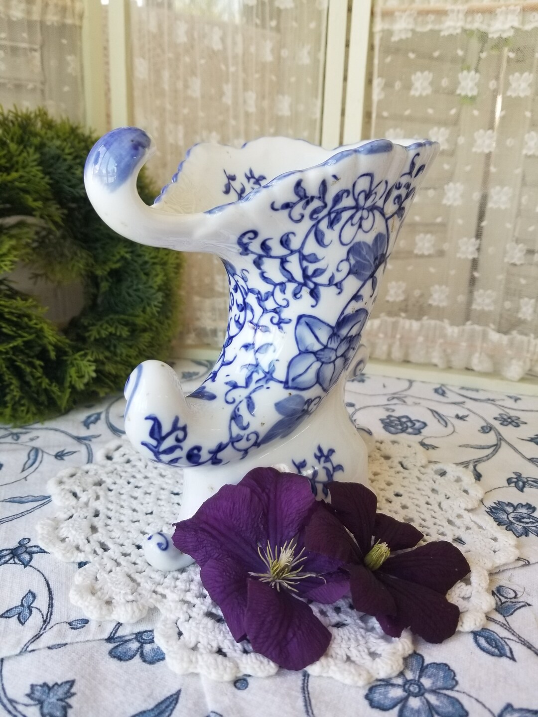 Exquisite Blue and White Cornucopia Vase Designed by Andrea by Sadek ...