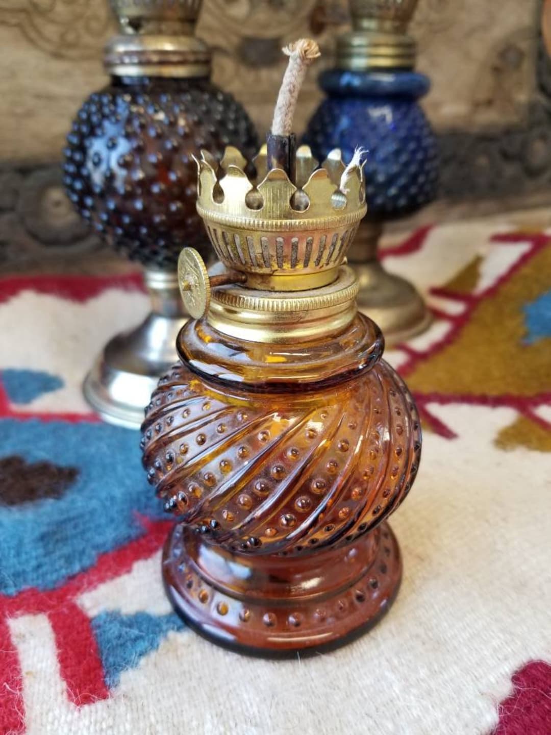 Beautiful Provincial Small Amber Glass Oil Lamp. This Vintage Amber ...