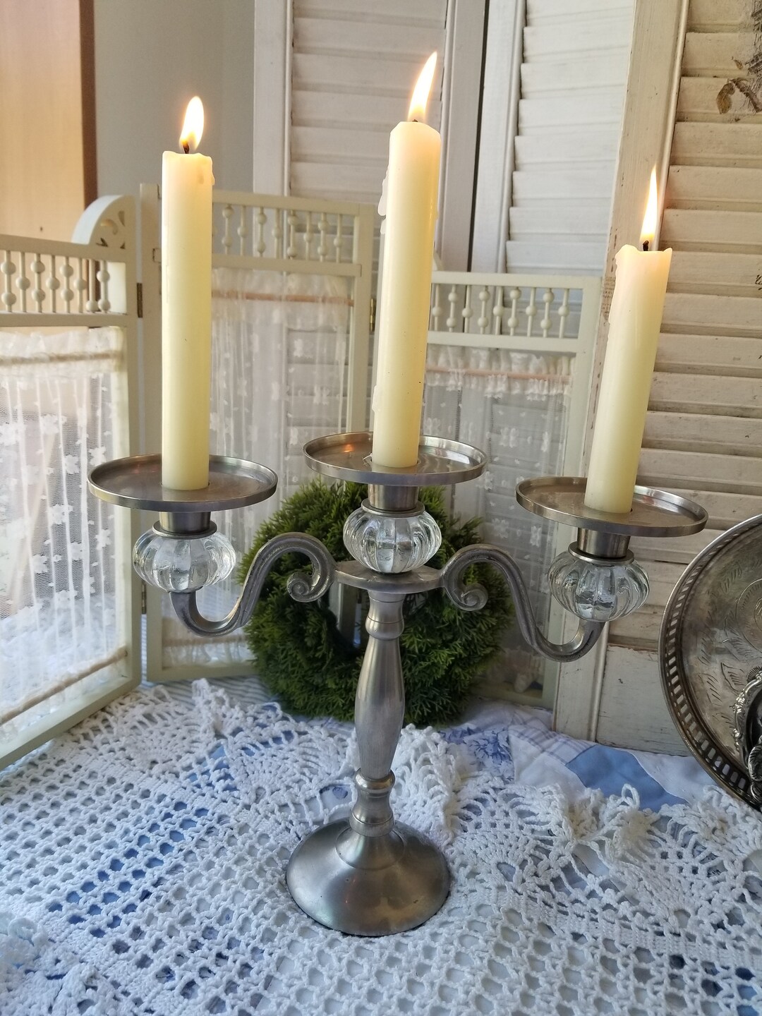 Vintage Brushed Pewter Column Candle Candelabra. This Heavy Candelabra ...