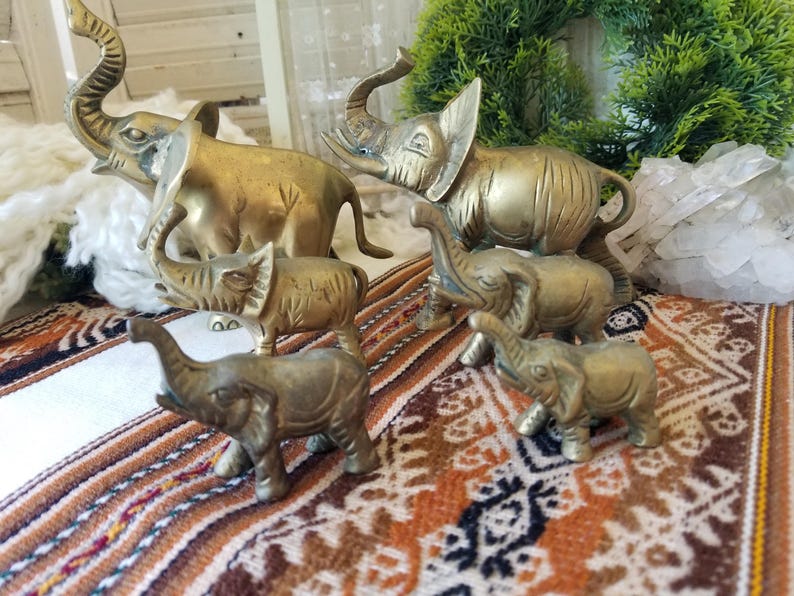 Six Rustic Brass Lucky Elephants. This Family of Six Heavy Rustic Brass ...