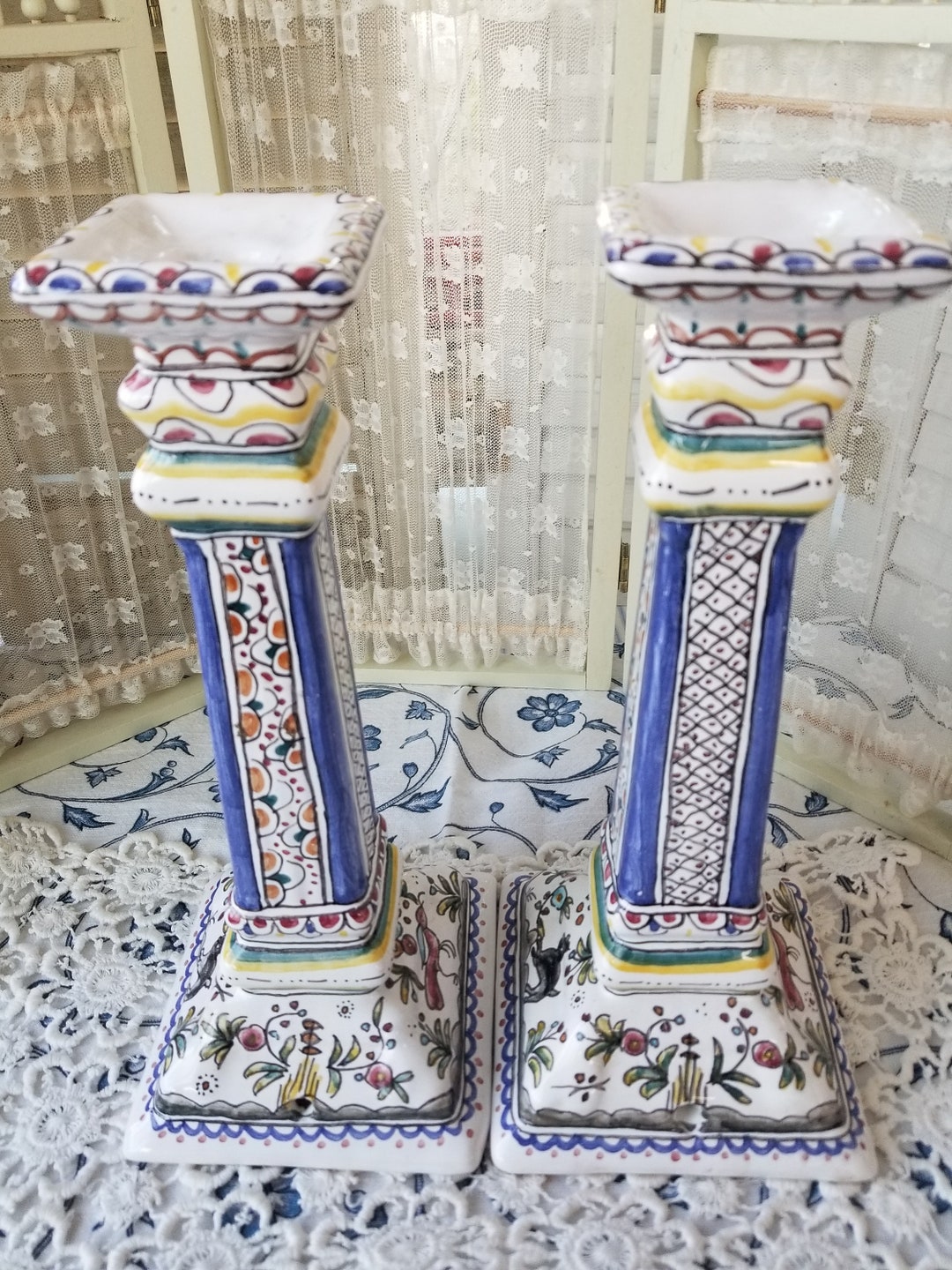 Beautiful Pair of Colorful Hand Painted Pottery Candlesticks. This ...