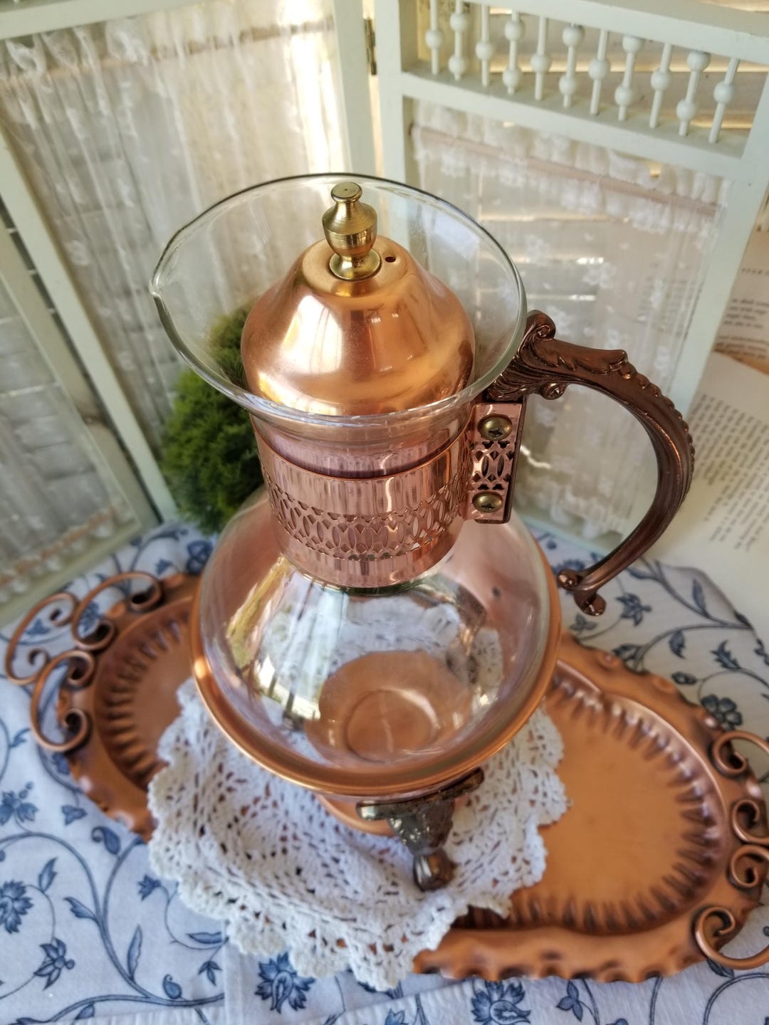 Stylish Mid-century Copper Coffee Pot Stand. This Copper and Glass ...