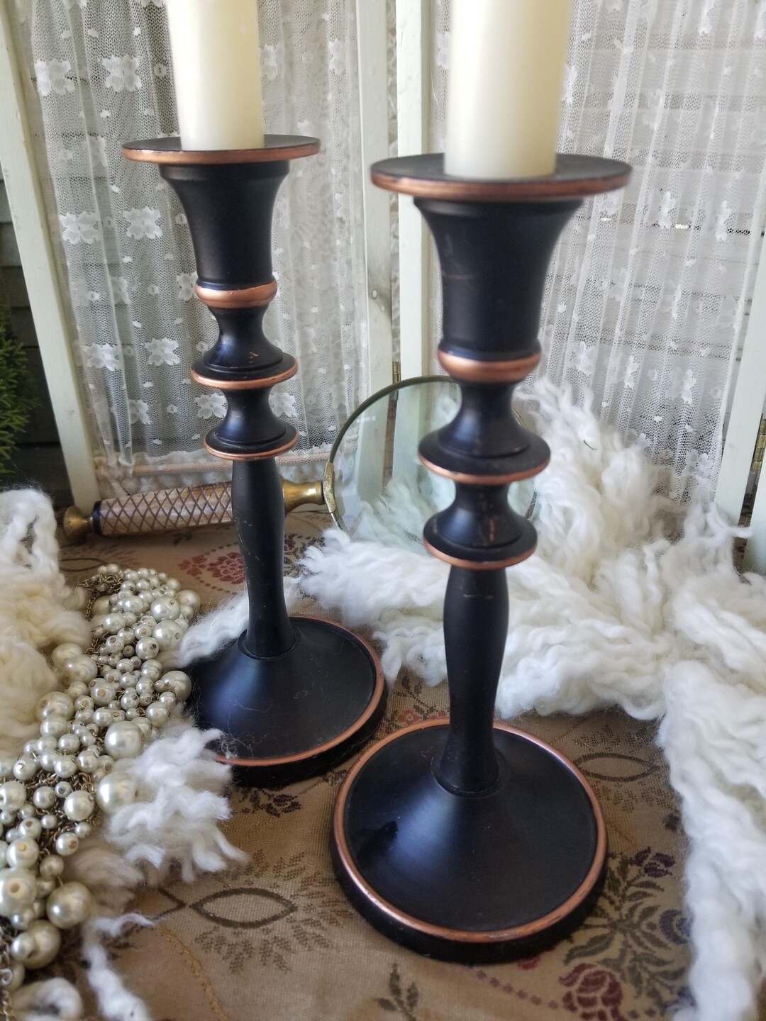 Delightful Pair of Black and Copper Candlesticks. These Two Taper ...